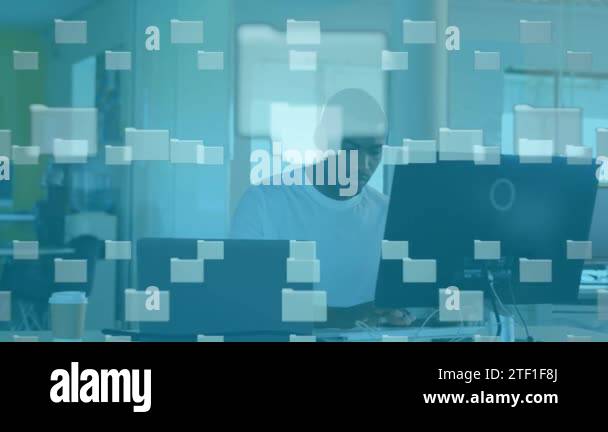 Animation of graphical folders, padlock and codes over african american ...