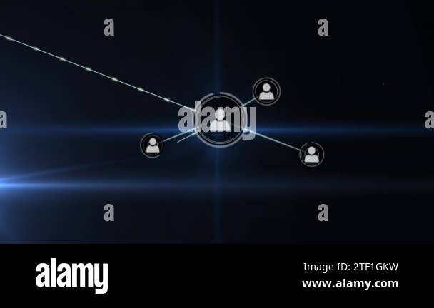 Animation of profile icons connecting dots with bright blue light on digital interface. Digital ...