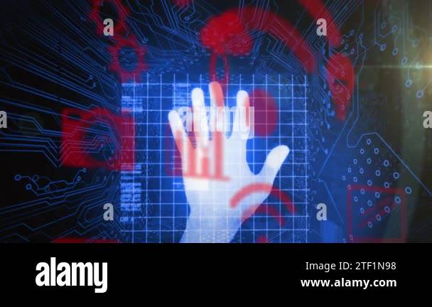 Animation of caucasian person fingerprints scanning on grids icons over digital interface ...