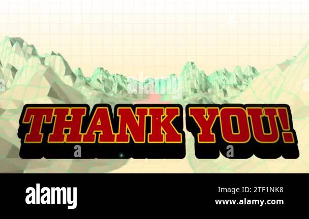 Animation of thank you text in red and black letters over metaverse ...