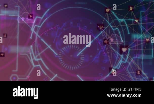 Animation of digital profile icons connecting with lines and clouds with numbers and arrows ...