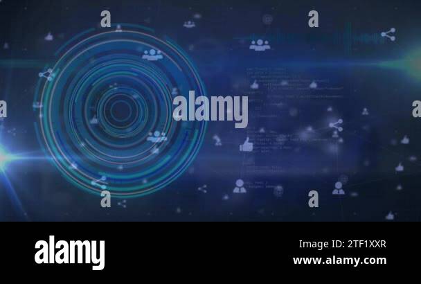 Animation of digital circles, computer languages with social media icons on abstract background ...