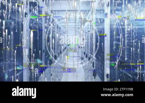 Futuristic interface and computer coding with server room in background ...