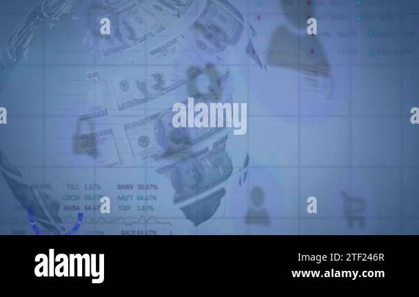 Animation of globe formed with american dollar bills and people icons. global business ...