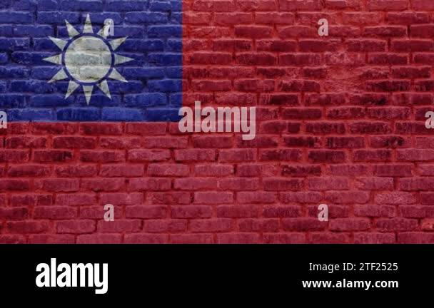 Flag of Taiwan on brick wall background on town street. Exterior old ...