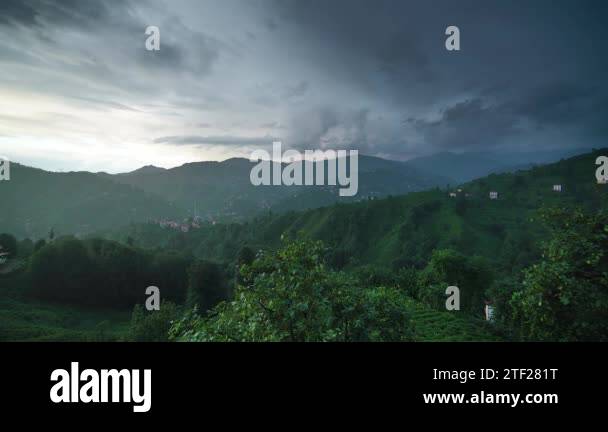 8K 7680x4320.Tea plantations in rural Pakistan.Muslim mosque in hilly ...