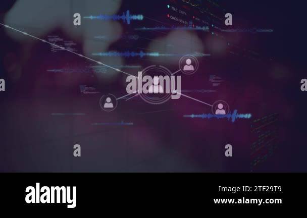Animation of profile icons connecting dots with finance data on digital ...