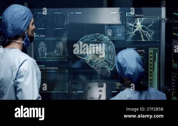 Professional Doctors Analyzing Human Brain Anatomy Scan on Futuristic Touch Screen Interface ...