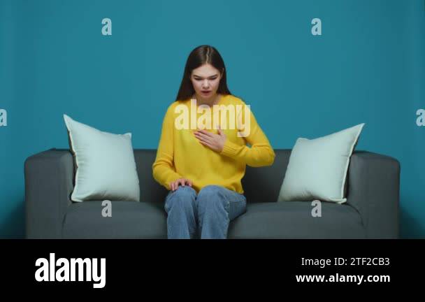 Ill young girl touch chest, suffer sudden ache, intercostal neuralgia ...