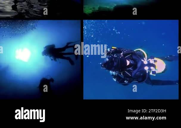 Scuba Diving Animated Multi Screen Video Montage. Open Water Diving. Scuba Diver Jumping Off ...