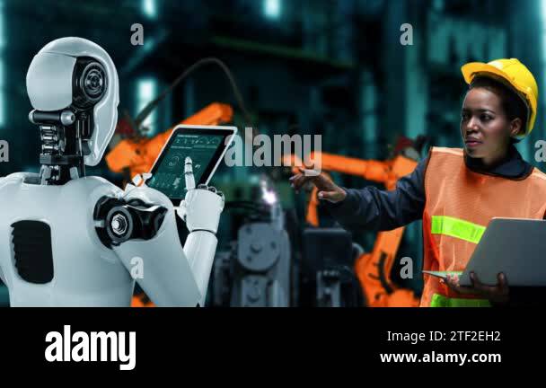 Cybernated industry robot and human worker working together in future ...