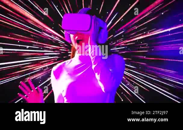 Metaverse concept, asian woman wearing white vr headset watching ...