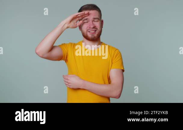 Man rubbing temples to cure headache problem, suffering from tension ...