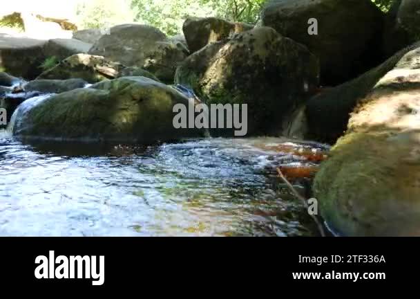 Filmed in the peak district. Sliding shot of the flowing river as the ...