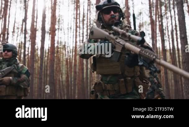 Fully Equipped Middle - Aged Soldiers Wearing Camouflage Uniform ...