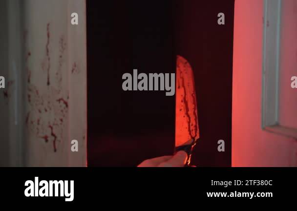 Close up shot on sharp bloody knife in persons hand, serial killer ...