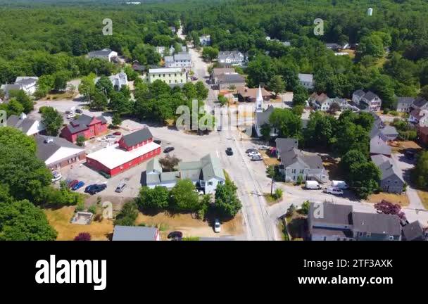 Raymond town center aerial view including Town Hall, Lyman Memorial ...