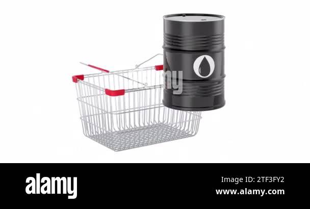 Oil barrel adding to shopping basket, 3d animation. 3D rendering ...