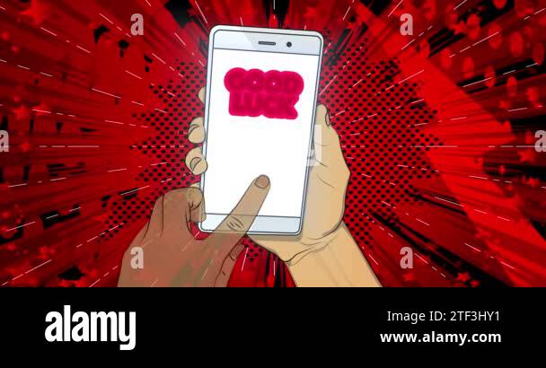 Good luck text on Smartphone screen. Hand Clicking text on mobile phone ...