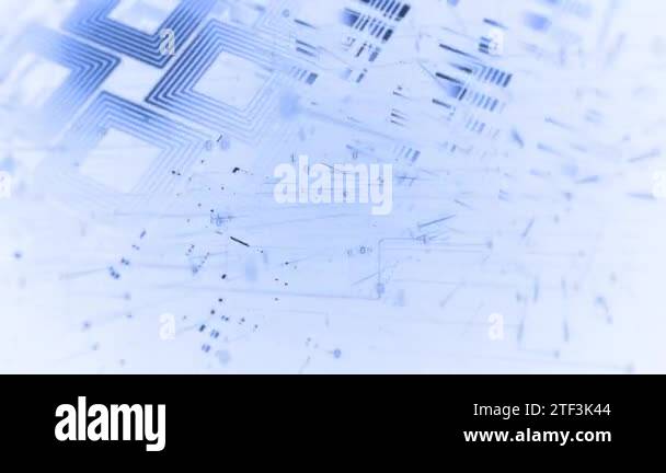 Bright blue technology background with rotating tech squares and a flowing digital data stream ...