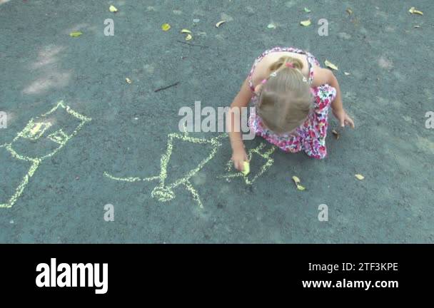 Kid Drawing on Asphalt, Child Tracing House with Chalk, Little Girl ...