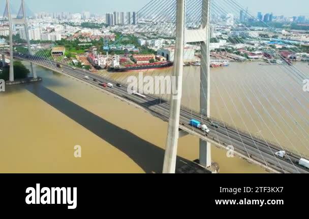 Drone view of Phu My bridge in Ho Chi Minh city, Vietnam. This is the ...