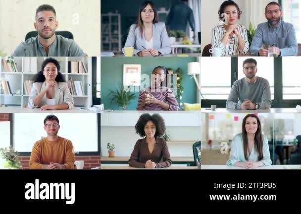 Video of headshot screen application view of diverse employees working ...