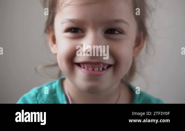 Portrait Funny Happy little kid close up happy preschool girl smiling ...