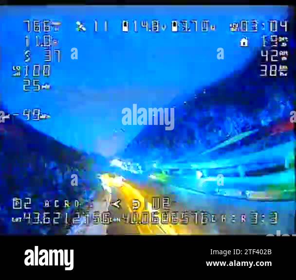 Digital crash effect on the camera from a drone with a view of green ...