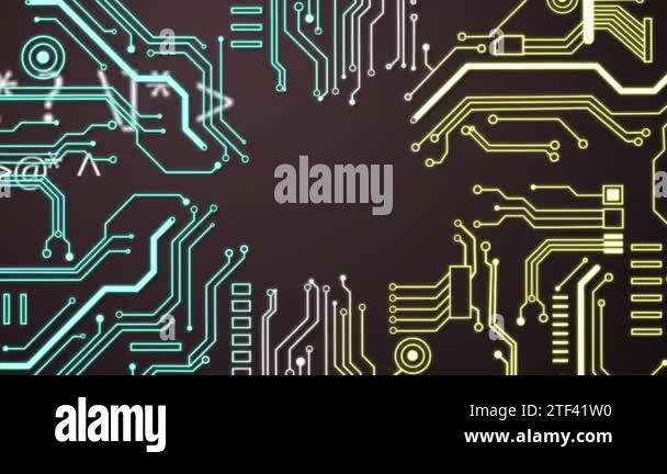 Animation of microprocessor connections over changing symbols against grey background. Computer ...