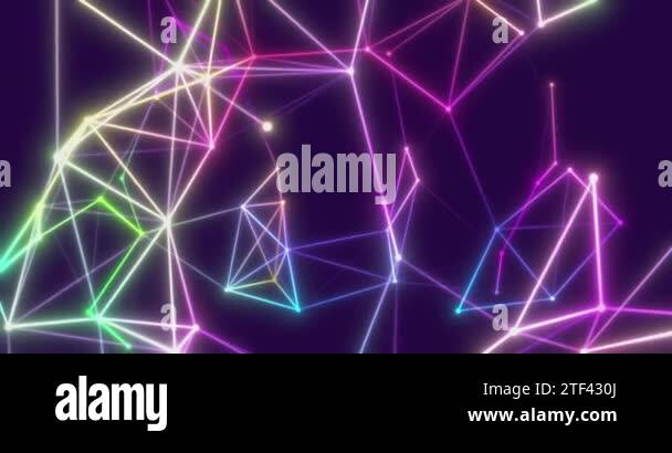 Plexus of abstract neon and pink geometrical lines with moving triangles and dots on a black ...
