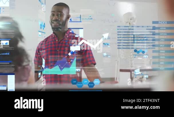 Animation of data with graphs and charts against african tutor teaching ...