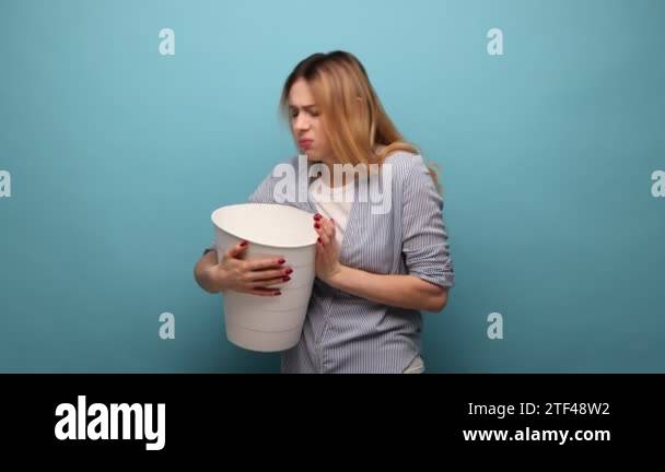 Sick unhealthy woman suffering abdominal cramps and nausea, vomiting ...