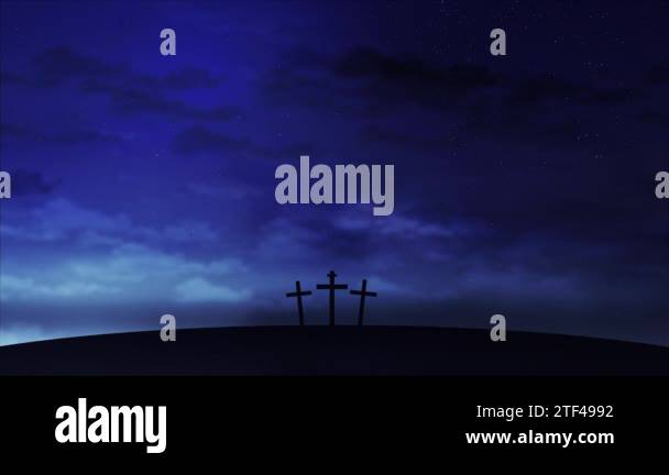 Three crosses on the hill with clouds moving on blue starry sky. Easter ...