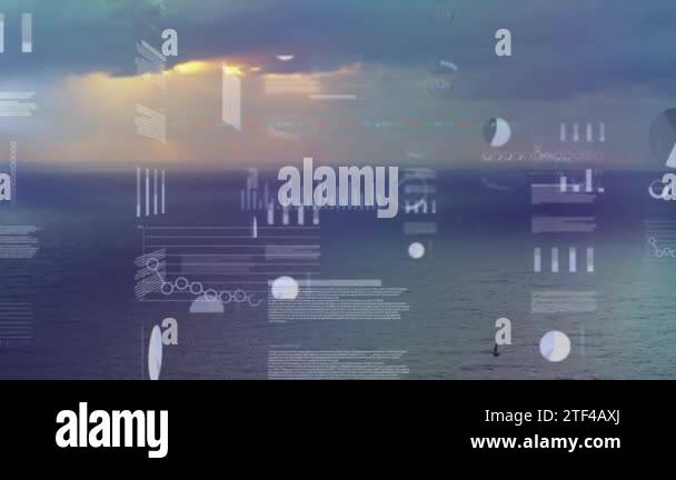 Animation of infographic interface over scenic view of seascape and ...