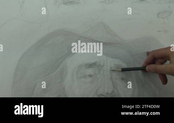 Drawing a study of old man with a cowboy hat with graphite pencil Stock ...