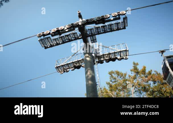 Cable car support tower with cable car mechanism and gears. Cable car ...