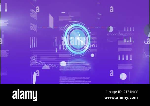 Animation of clock running on digital interface with infographic data ...