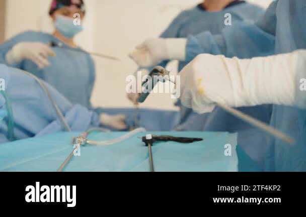Surgery tools. Multiple surgery tools on a plate in operating room ...