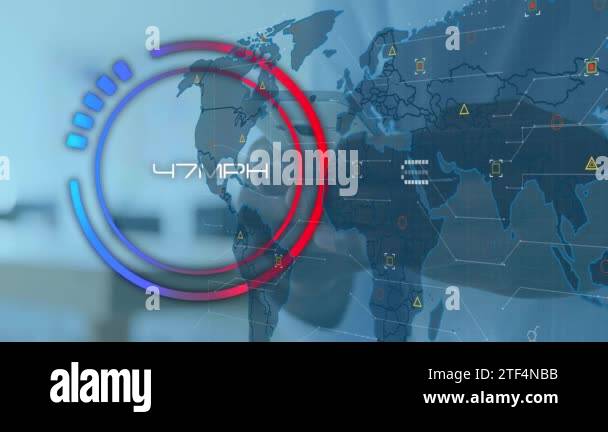 Animation of speedometer and world map over mid section of a man using ...