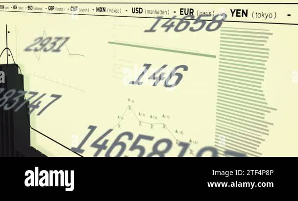 Multiple changing numbers and statistical data processing and graphs against yellow background ...