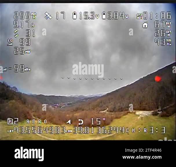 Digital crash effect on the camera from a drone with a view of green ...