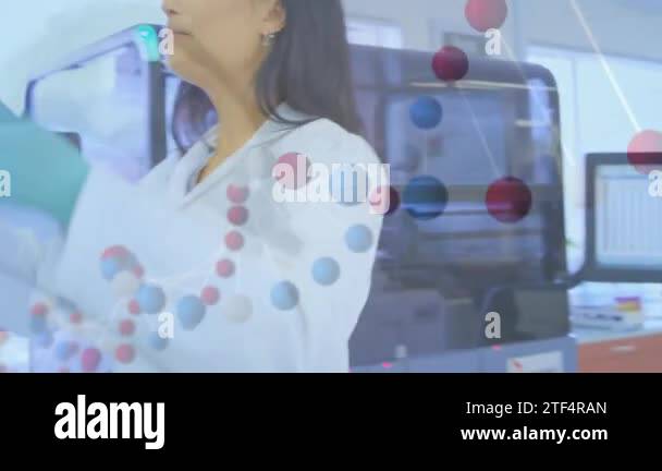 Animation of dna helix rotating over asian female scientist checking ...