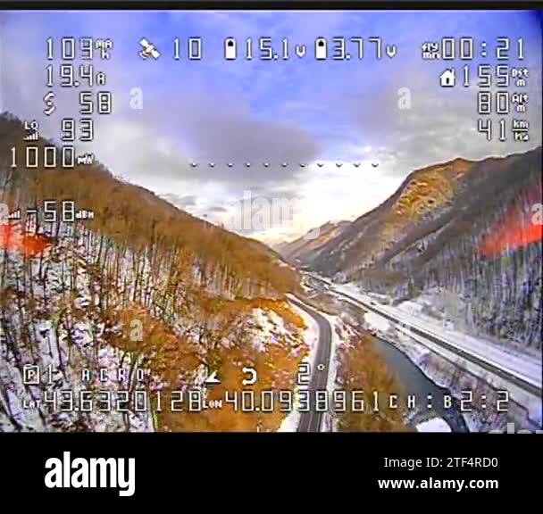 Digital crash effect on the camera from a drone with a view of green ...