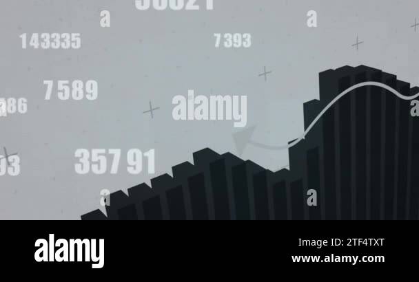 Multiple changing numbers and statistical data processing and graphs against white background ...