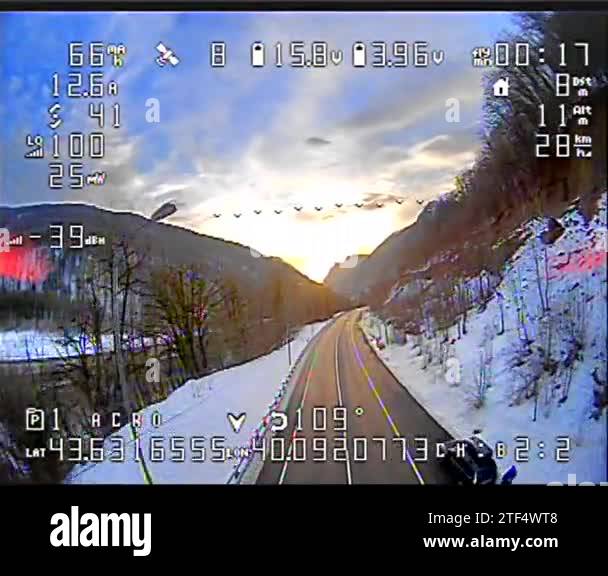 Digital crash effect on the camera from a drone with a view of green ...