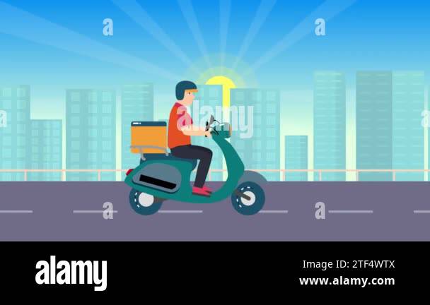 Delivery service 4K animation. Delivery man riding a scooter on urban ...