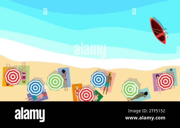 Animated summer background. Crowded beach and sea with umbrella and ...