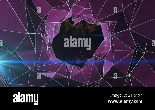 Animation of plexus networks, light spot and digital waves against black background. Technology ...