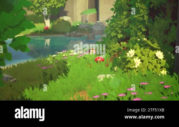 3D Animation Idyllic Garden scene populated of flowers and plants in ...